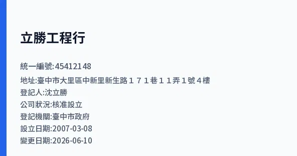 立勝工程行的照片-統編 45412148(臺中市) 公司登記資料與營業項目詳細圖表