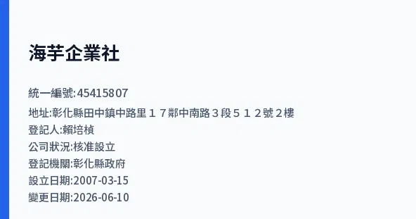 海芋企業社的照片-統編 45415807(彰化縣) 公司登記資料與營業項目詳細圖表