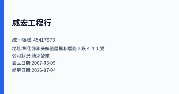 威宏工程行的照片-統編 45417973(彰化縣) 公司登記資料與營業項目詳細圖表