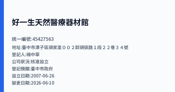 好一生天然醫療器材館的照片-統編 45427563(臺中市) 公司登記資料與營業項目詳細圖表