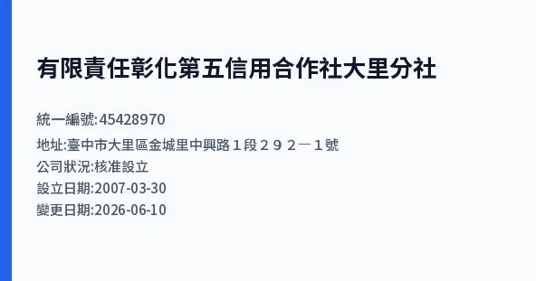 有限責任彰化第五信用合作社大里分社的照片-統編 45428970(臺中市) 公司登記資料與營業項目詳細圖表