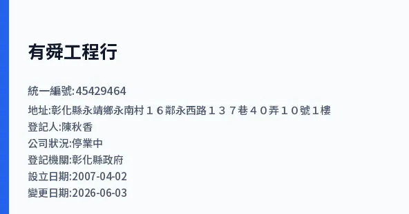 有舜工程行的照片-統編 45429464(彰化縣) 公司登記資料與營業項目詳細圖表