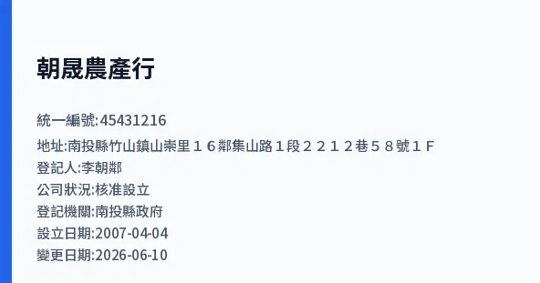 朝晟農產行的照片-統編 45431216(南投縣) 公司登記資料與營業項目詳細圖表
