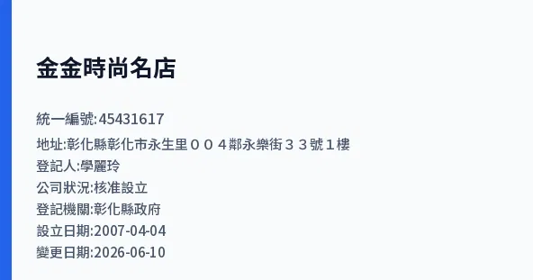 金金時尚名店的照片-統編 45431617(彰化縣) 公司登記資料與營業項目詳細圖表