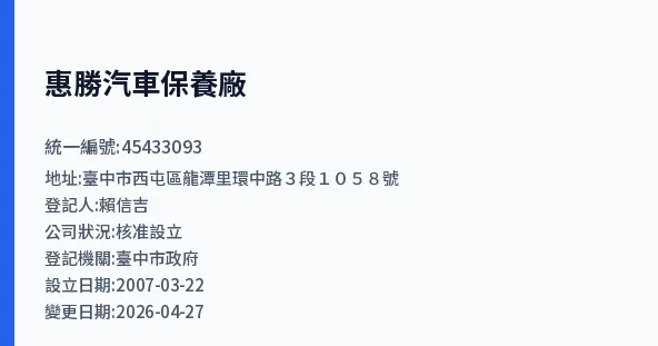 惠勝汽車保養廠的照片-統編 45433093(臺中市) 公司登記資料與營業項目詳細圖表