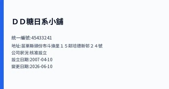 DD糖日系小舖的照片-統編 45433241(苗栗縣) 公司登記資料與營業項目詳細圖表