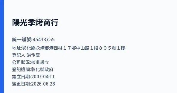 陽光季烤商行的照片-統編 45433755(彰化縣) 公司登記資料與營業項目詳細圖表