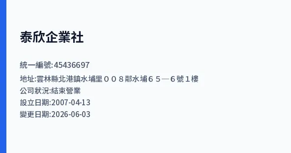 泰欣企業社的照片-統編 45436697(雲林縣) 公司登記資料與營業項目詳細圖表
