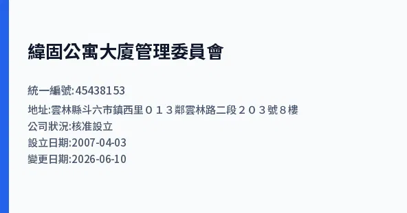 緯固公寓大廈管理委員會的照片-統編 45438153(雲林縣) 公司登記資料與營業項目詳細圖表