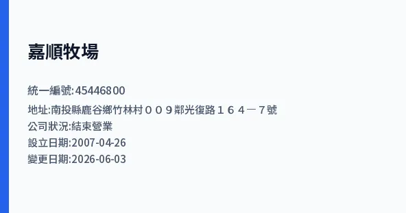 嘉順牧場的照片-統編 45446800(南投縣) 公司登記資料與營業項目詳細圖表