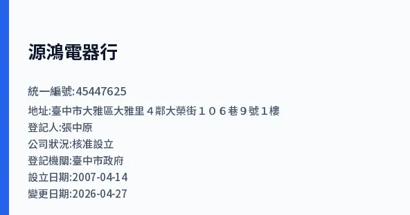 源鴻電器行的照片-統編 45447625(臺中市) 公司登記資料與營業項目詳細圖表