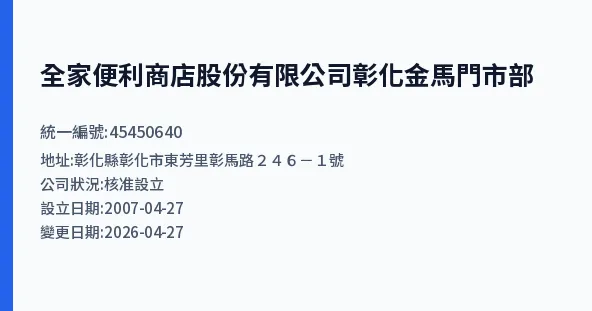 全家便利商店股份有限公司彰化金馬門市部的照片-統編 45450640(彰化縣) 公司登記資料與營業項目詳細圖表