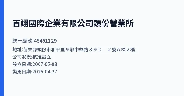 百翊國際企業有限公司頭份營業所的照片-統編 45451129(苗栗縣) 公司登記資料與營業項目詳細圖表