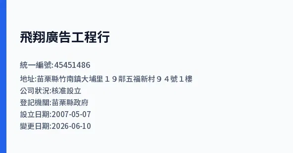 飛翔廣告工程行的照片-統編 45451486(苗栗縣) 公司登記資料與營業項目詳細圖表