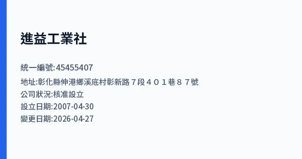 進益工業社的照片-統編 45455407(彰化縣) 公司登記資料與營業項目詳細圖表