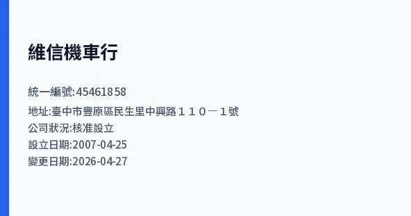 維信機車行的照片-統編 45461858(臺中市) 公司登記資料與營業項目詳細圖表