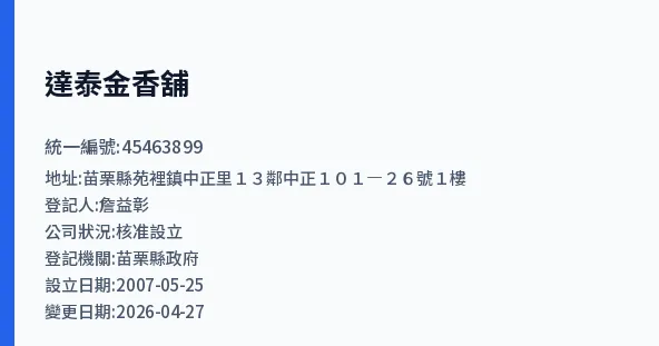 達泰金香舖的照片-統編 45463899(苗栗縣) 公司登記資料與營業項目詳細圖表
