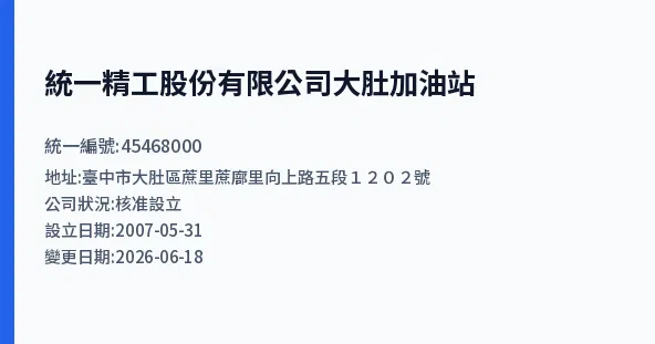 統一精工股份有限公司大肚加油站的照片-統編 45468000(臺中市) 公司登記資料與營業項目詳細圖表