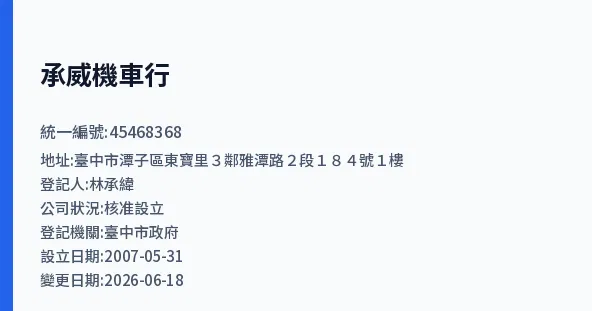 承威機車行的照片-統編 45468368(臺中市) 公司登記資料與營業項目詳細圖表