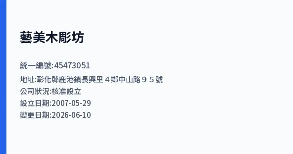 藝美木彫坊的照片-統編 45473051(彰化縣) 公司登記資料與營業項目詳細圖表