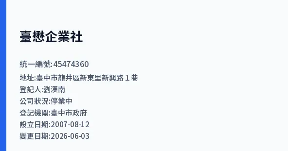 臺懋企業社的照片-統編 45474360(臺中市) 公司登記資料與營業項目詳細圖表