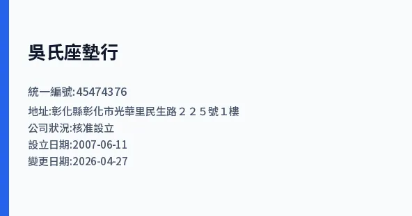吳氏座墊行的照片-統編 45474376(彰化縣) 公司登記資料與營業項目詳細圖表