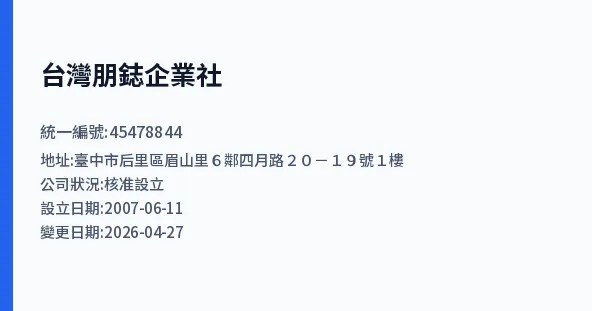 台灣朋鋕企業社的照片-統編 45478844(臺中市) 公司登記資料與營業項目詳細圖表
