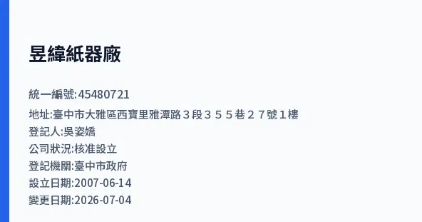 昱緯紙器廠的照片-統編 45480721(臺中市) 公司登記資料與營業項目詳細圖表