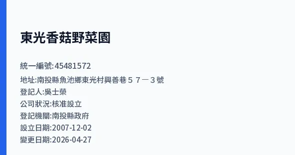 東光香菇野菜園的照片-統編 45481572(南投縣) 公司登記資料與營業項目詳細圖表