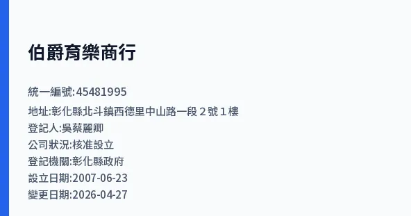 伯爵育樂商行的照片-統編 45481995(彰化縣) 公司登記資料與營業項目詳細圖表
