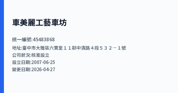 車美麗工藝車坊的照片-統編 45483868(臺中市) 公司登記資料與營業項目詳細圖表