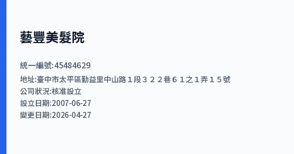 藝豐美髮院的照片-統編 45484629(臺中市) 公司登記資料與營業項目詳細圖表