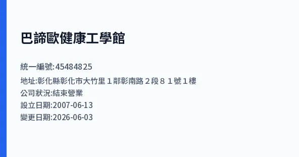巴諦歐健康工學館的照片-統編 45484825(彰化縣) 公司登記資料與營業項目詳細圖表
