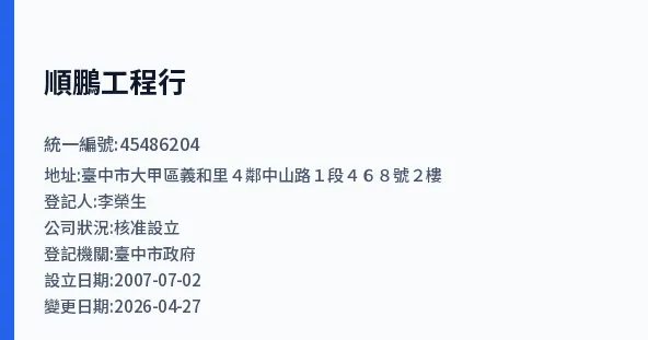 順鵬工程行的照片-統編 45486204(臺中市) 公司登記資料與營業項目詳細圖表