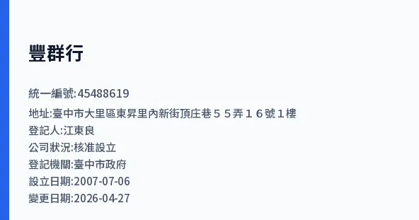 豐群行的照片-統編 45488619(臺中市) 公司登記資料與營業項目詳細圖表