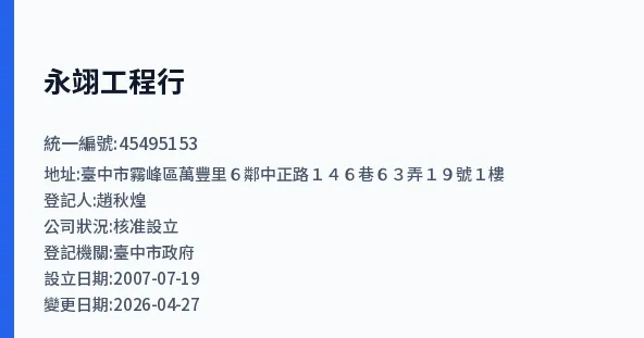 永翊工程行的照片-統編 45495153(臺中市) 公司登記資料與營業項目詳細圖表