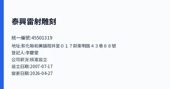泰興雷射雕刻的照片-統編 45501319(彰化縣) 公司登記資料與營業項目詳細圖表