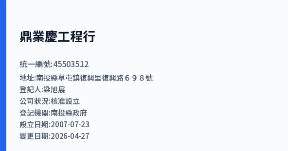 鼎業慶工程行的照片-統編 45503512(南投縣) 公司登記資料與營業項目詳細圖表