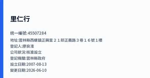 里仁行的照片-統編 45507284(雲林縣) 公司登記資料與營業項目詳細圖表