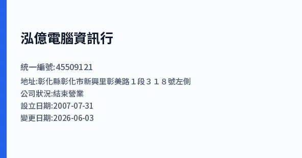 泓億電腦資訊行的照片-統編 45509121(彰化縣) 公司登記資料與營業項目詳細圖表