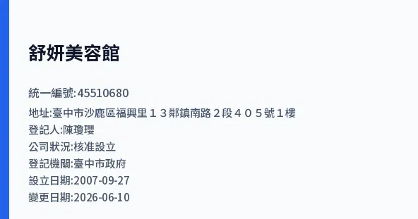 舒妍美容館的照片-統編 45510680(臺中市) 公司登記資料與營業項目詳細圖表