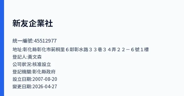 新友企業社的照片-統編 45512977(彰化縣) 公司登記資料與營業項目詳細圖表