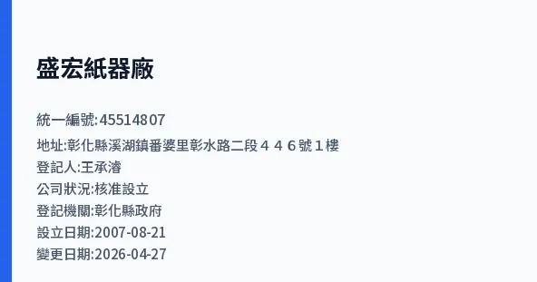 盛宏紙器廠的照片-統編 45514807(彰化縣) 公司登記資料與營業項目詳細圖表