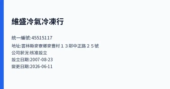 維盛冷氣冷凍行的照片-統編 45515117(雲林縣) 公司登記資料與營業項目詳細圖表