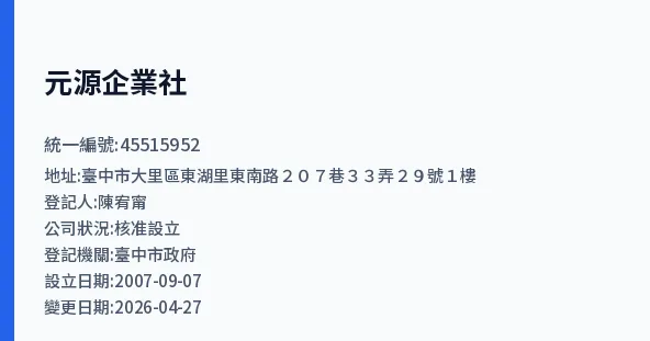元源企業社的照片-統編 45515952(臺中市) 公司登記資料與營業項目詳細圖表