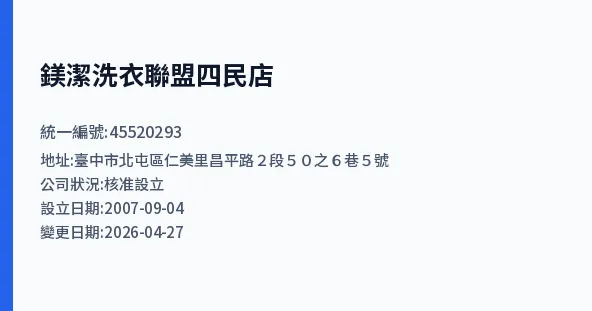 鎂潔洗衣聯盟四民店的照片-統編 45520293(臺中市) 公司登記資料與營業項目詳細圖表