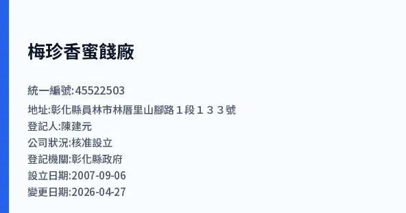 梅珍香蜜餞廠的照片-統編 45522503(彰化縣) 公司登記資料與營業項目詳細圖表
