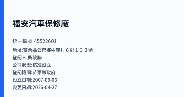 福安汽車保修廠的照片-統編 45522601(苗栗縣) 公司登記資料與營業項目詳細圖表
