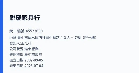 聯慶家具行的照片-統編 45522638(臺中市) 公司登記資料與營業項目詳細圖表