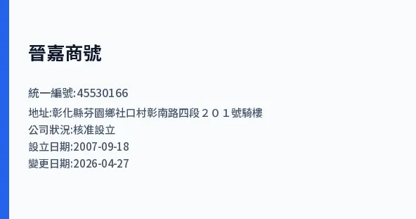 晉嘉商號的照片-統編 45530166(彰化縣) 公司登記資料與營業項目詳細圖表